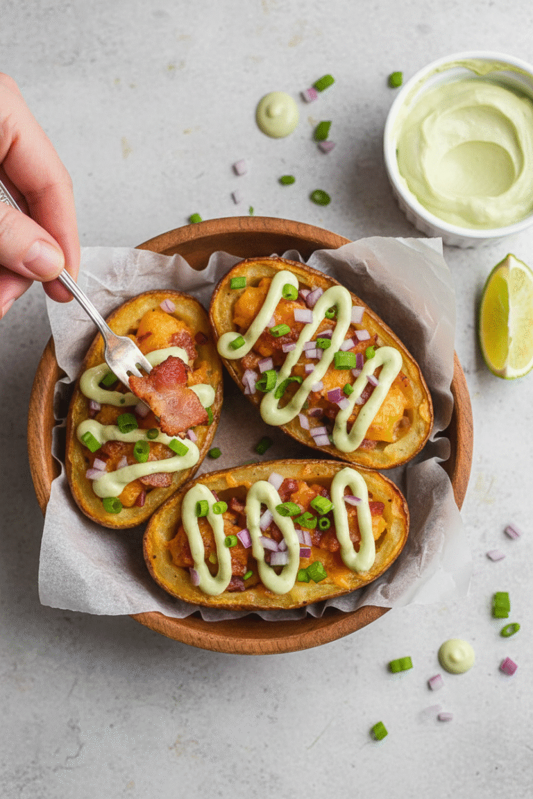 Creamy Avocado Bacon Poutine Potato Skins: Creamy Avocado Bacon Poutine ...